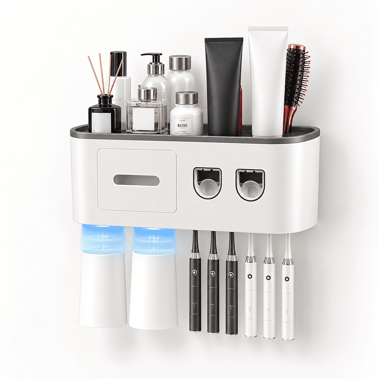 Grey 2 Cups Wall Mounted Plastic Toothbrush Holder with Automatic ...