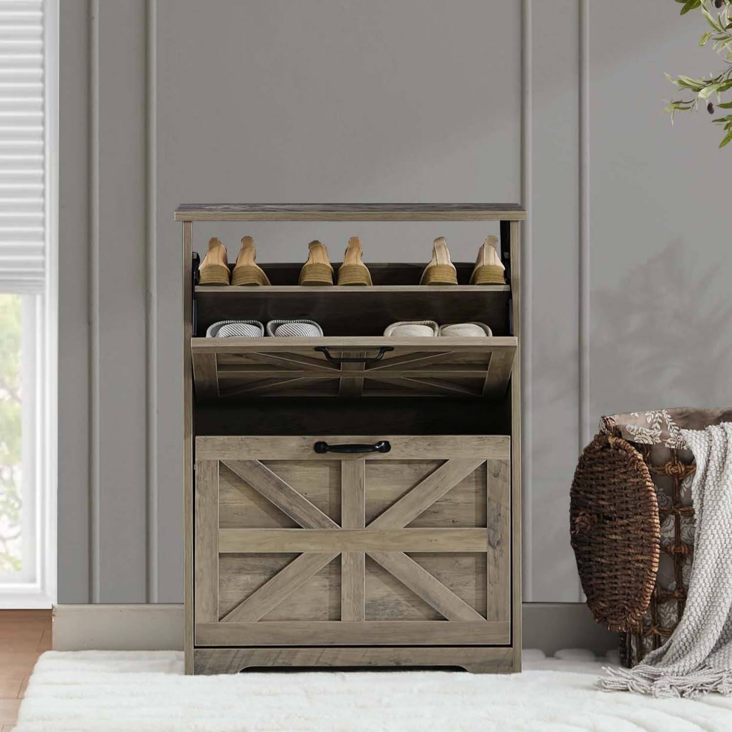Grey 2-Tier Narrow Shoe Cabinet, Hidden Shoes Storage Cabinet with ...
