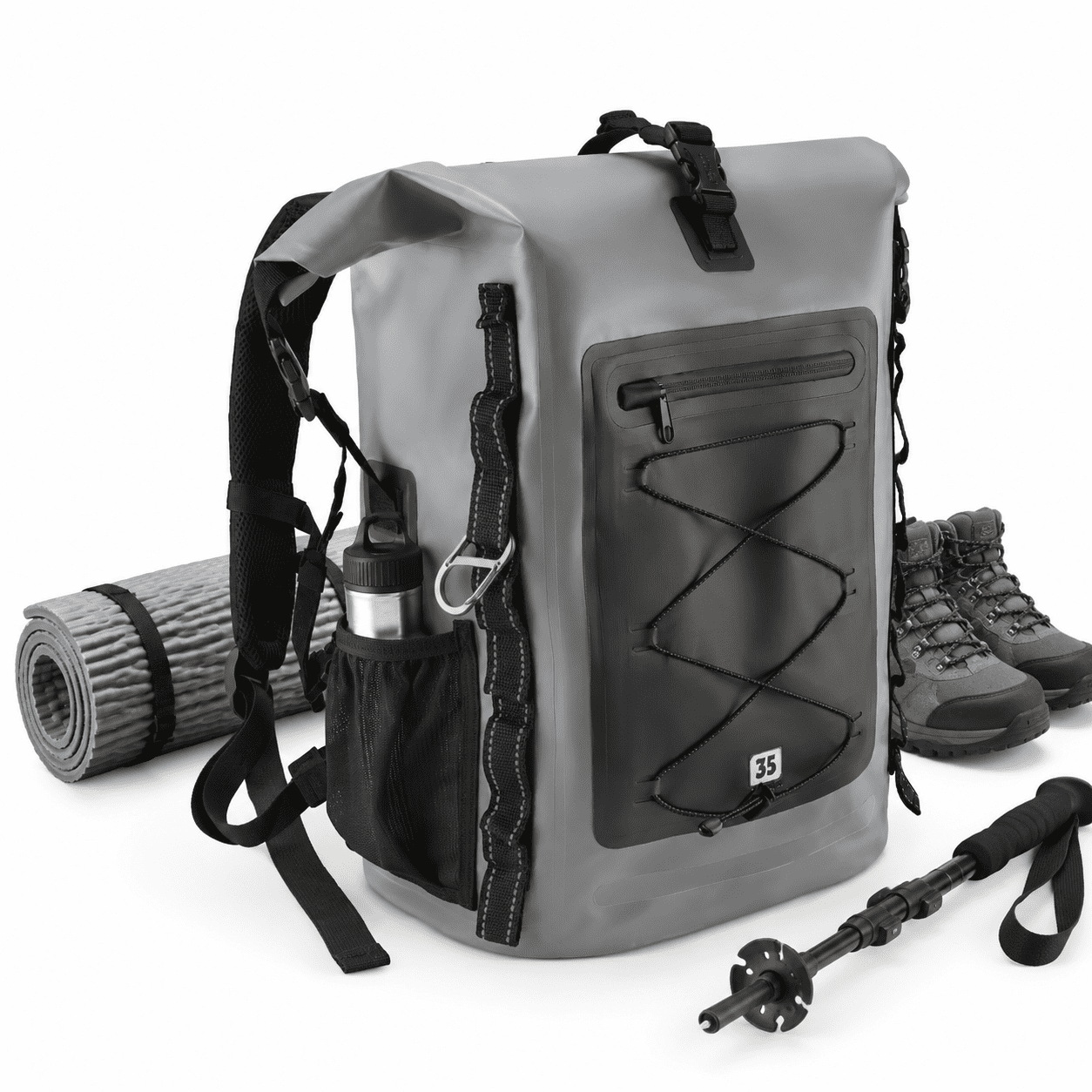 Grey 35L Heavy Duty Roll-Top Waterproof Backpacking Backpack for Hiking ...