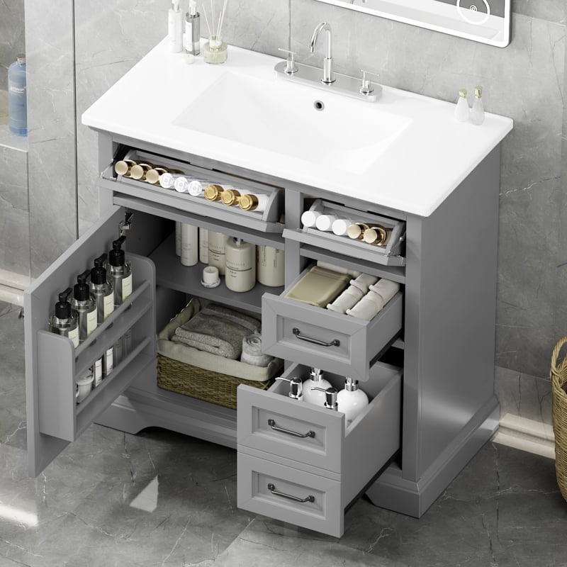 Grey 36" Bathroom Vanity with Sink (Ceramic Basin, 2 Tip-Out Drawers ...