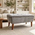 Grey 42" Rectangular Linen Ottoman Bench with Solid Wood Tapered Legs ...