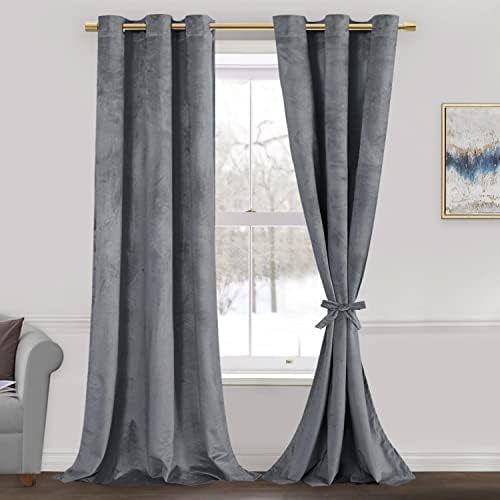 Grey 42 x 84 inches Velvet Blackout Curtains - Retro Luxury Insulated ...