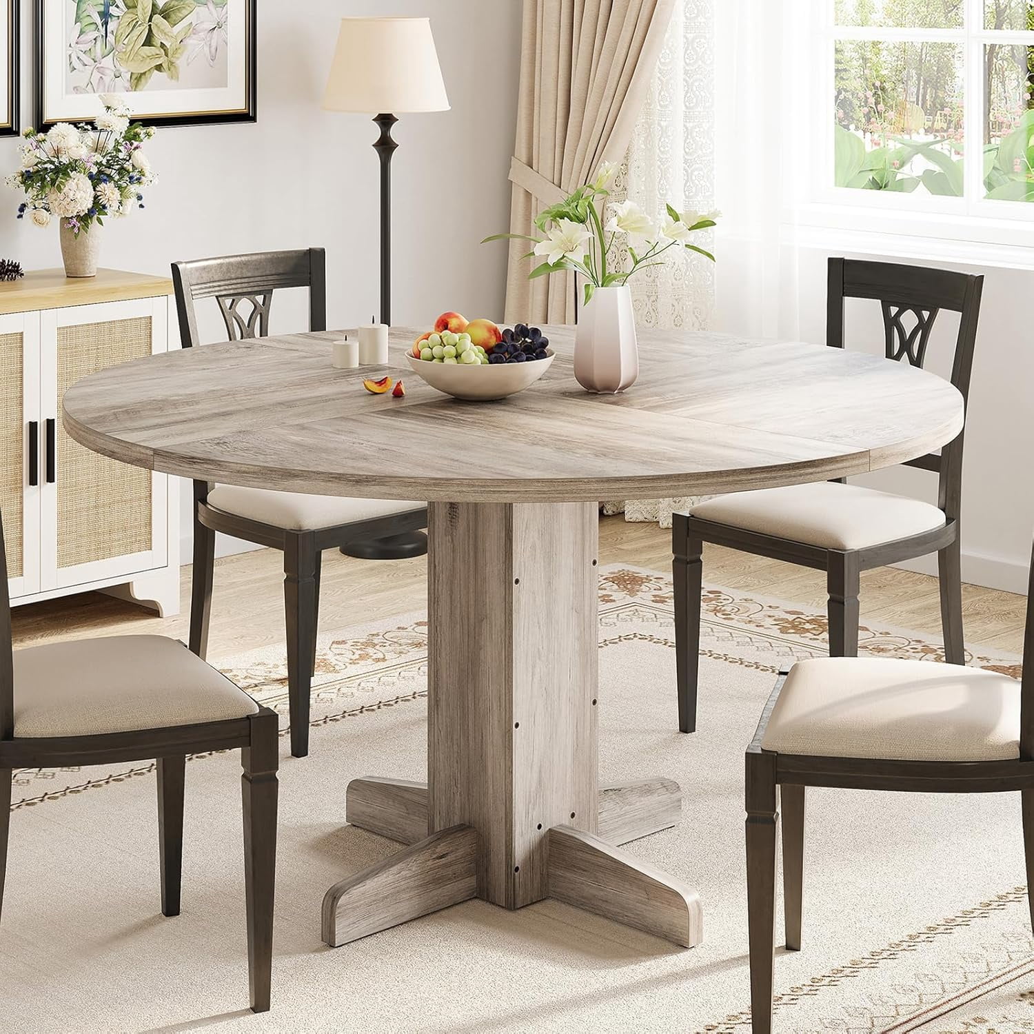 Grey 47" Farmhouse Round Dining Table for 4-6, Wood Kitchen Dinner ...