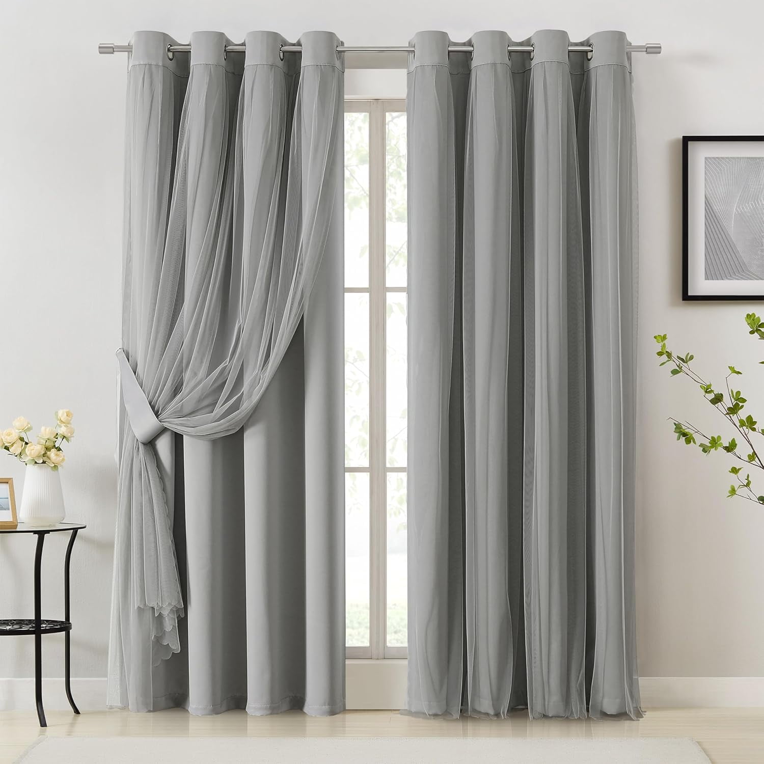 Grey 90% Blackout Curtains with Sheer Overlay Mix and Match Double ...