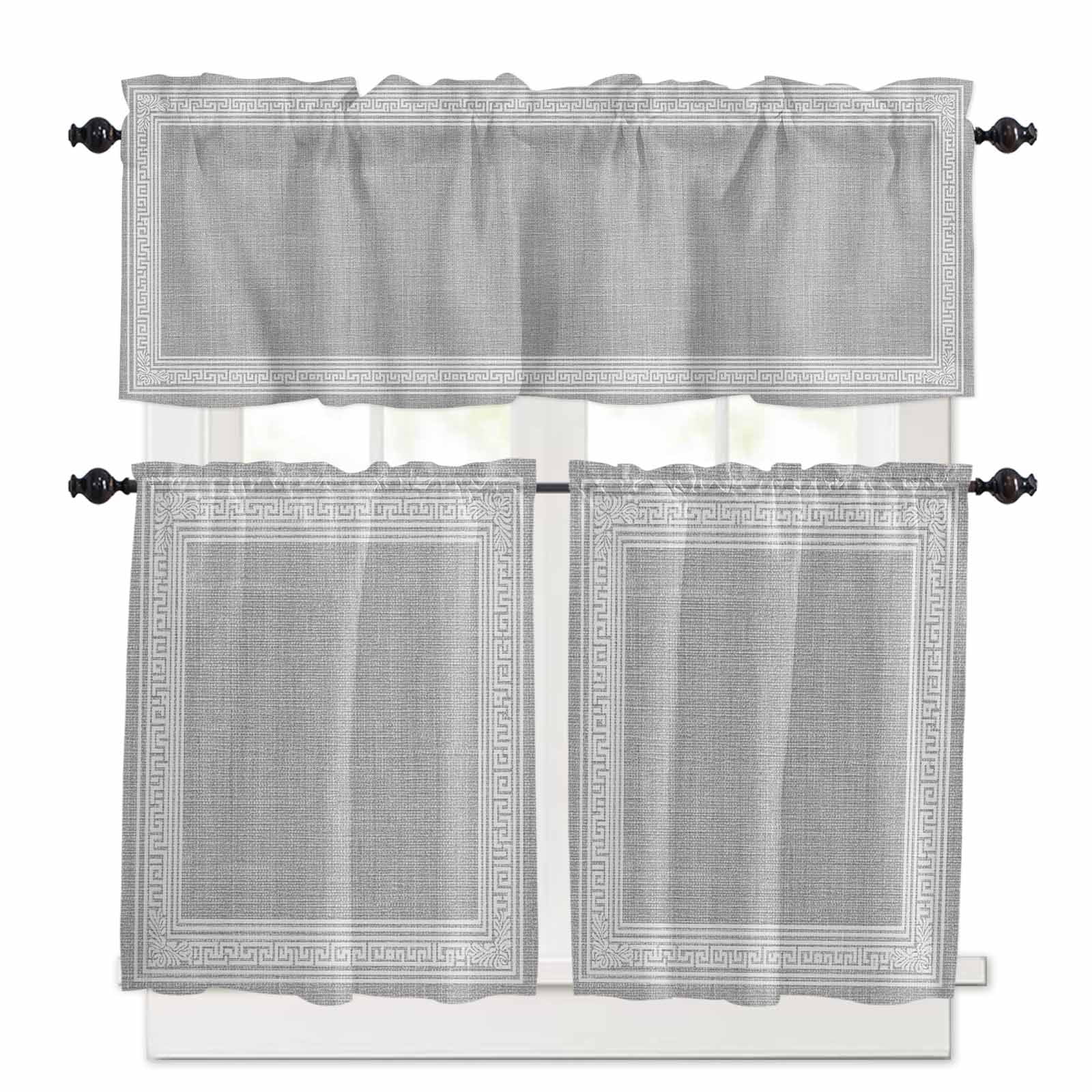 Grey Abstract Art Kitchen Curtains Valance and Tier Set Vintage Linen ...