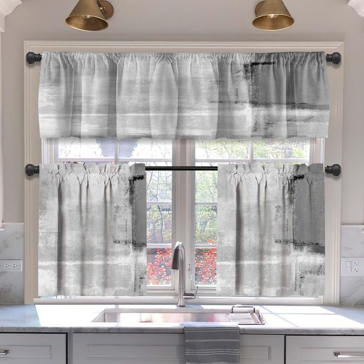 Grey Abstract Blackout Kitchen Curtains Tiers and Valances Set 3 Piece ...
