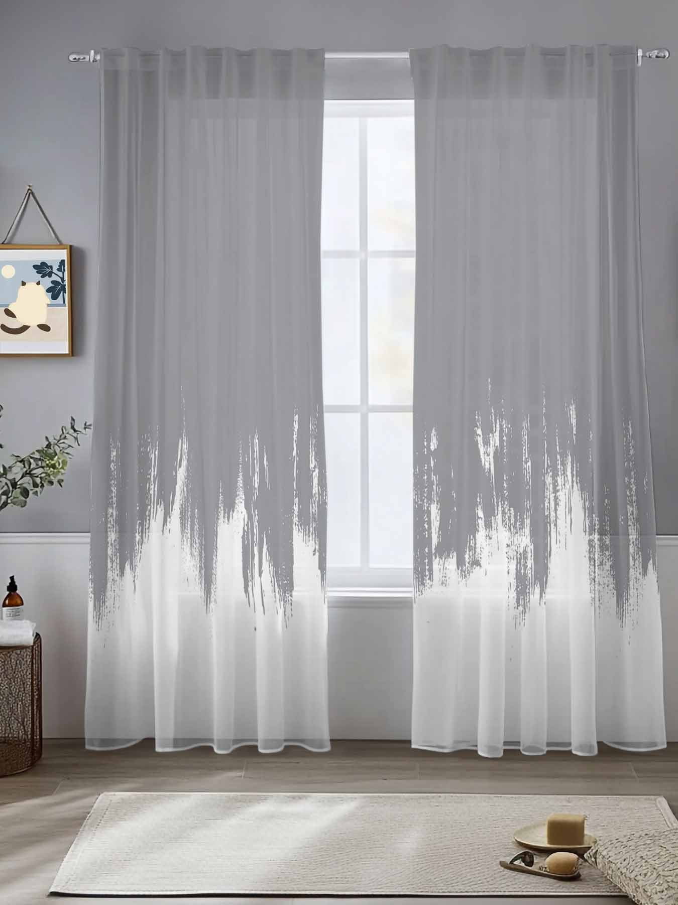 Grey Abstract Paint Sheer Curtains 84 Inches Long 2 Panels Light ...
