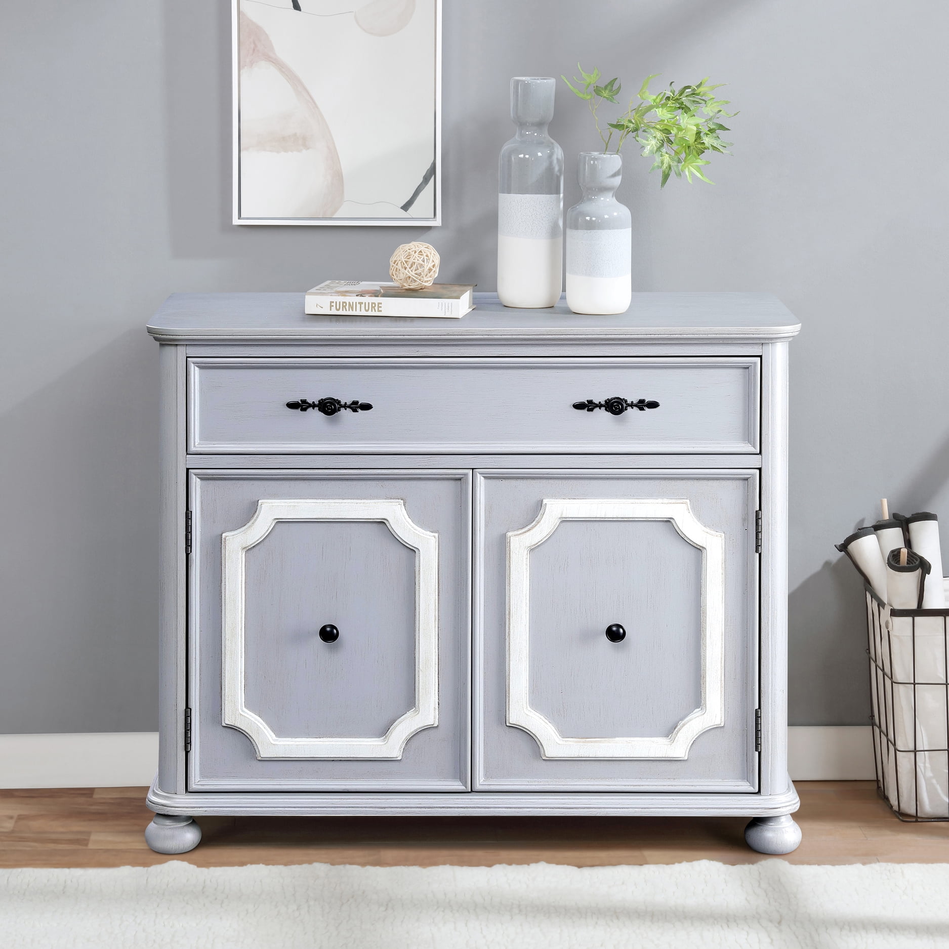 Grey Accent Cabinet With 2 Doors And 1 Drawer - Vintage Bun Feet ...