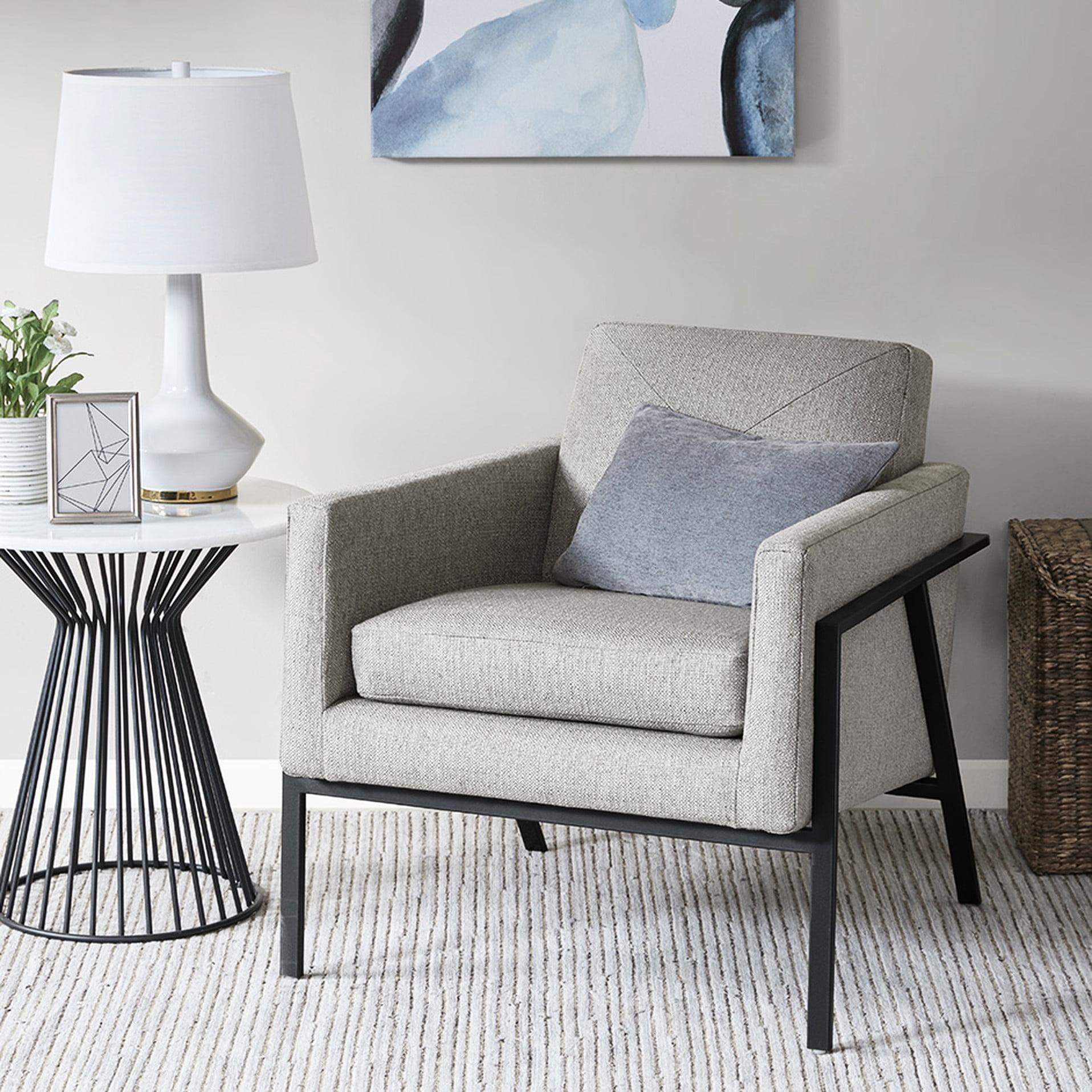 Grey Accent Chair, Solid Wood & Metal Linked Frame, Removable Seat ...