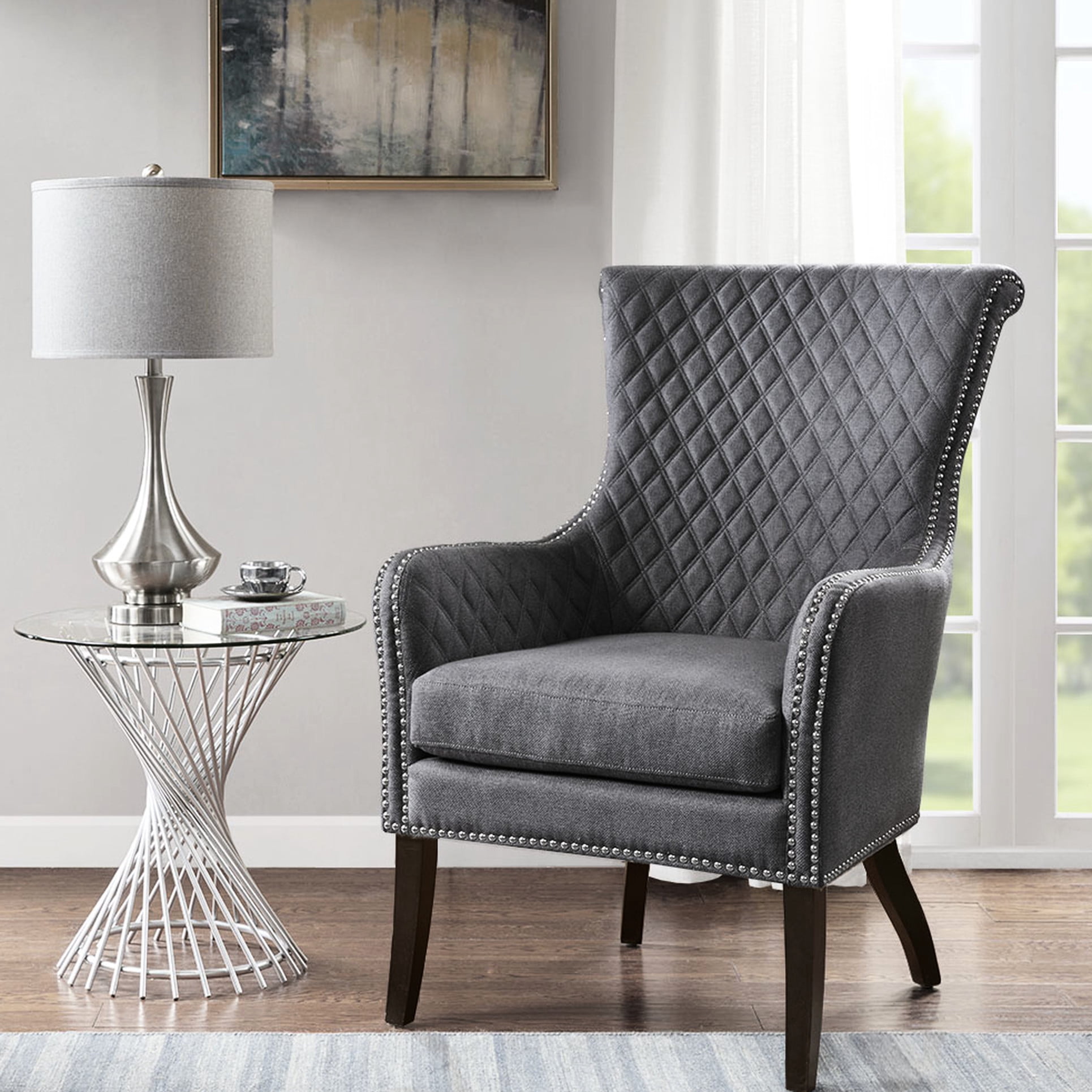Grey Accent Chair, Velvet Upholstery With Armrest, High Density Foam ...