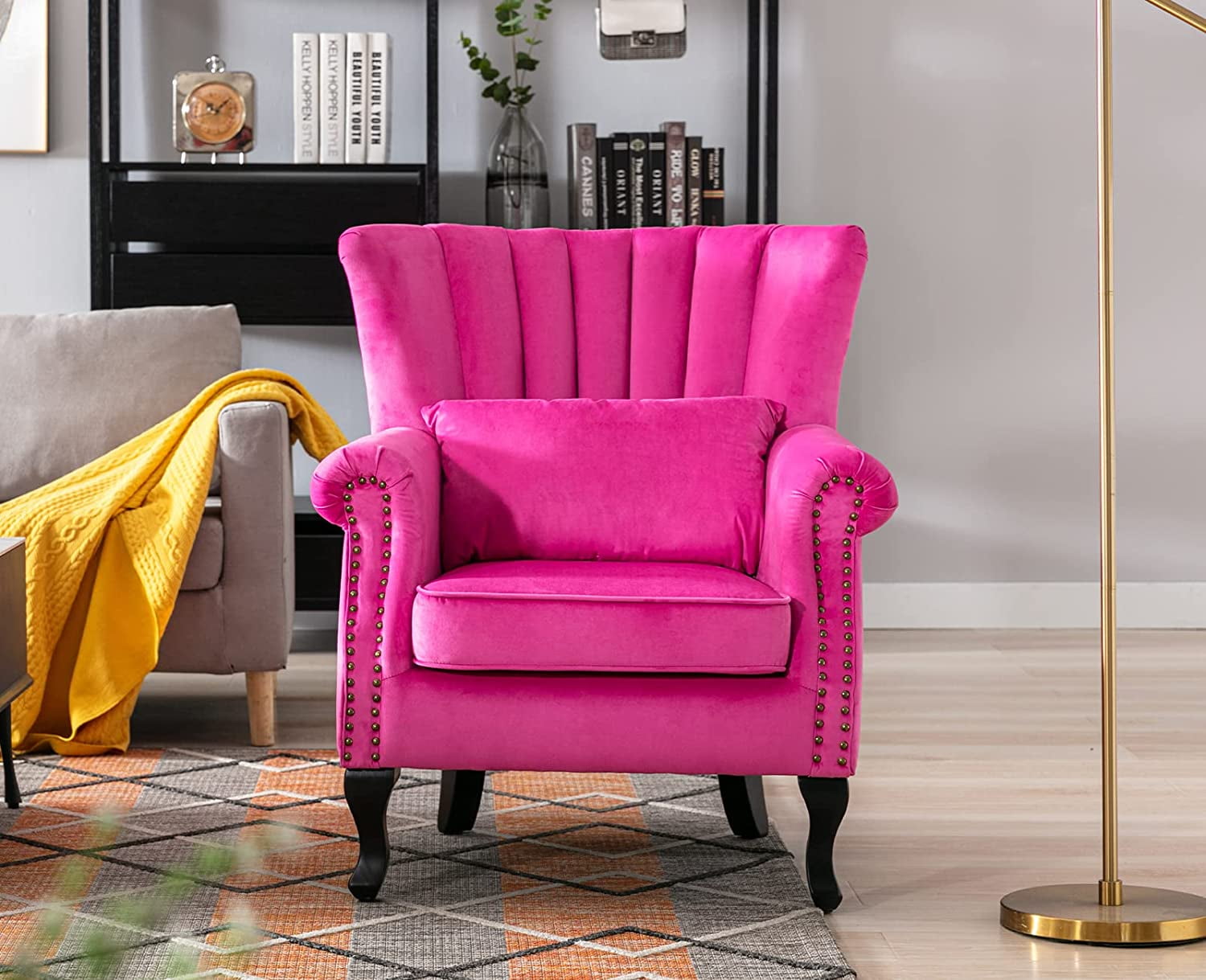 Grey Accent Chair Velvet Wingback Chair with Pillow Nail-Head Channel ...