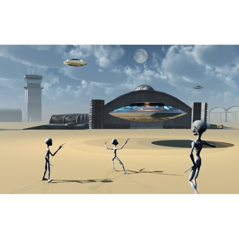 Grey Aliens and their flying saucers at Area 51 Poster Print - Walmart.com