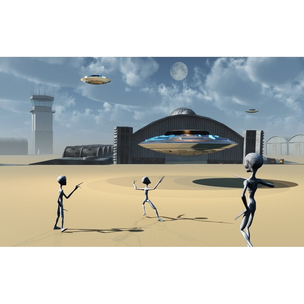 Grey Aliens and their flying saucers at Area 51 Poster Print - Walmart.com
