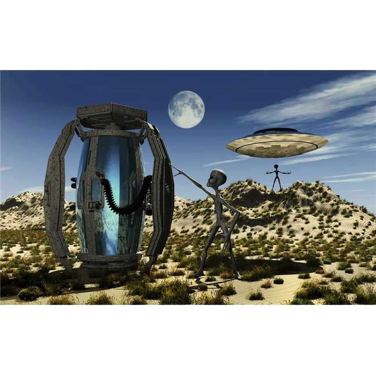 Grey Aliens tending to a storage container used to transport specimens ...