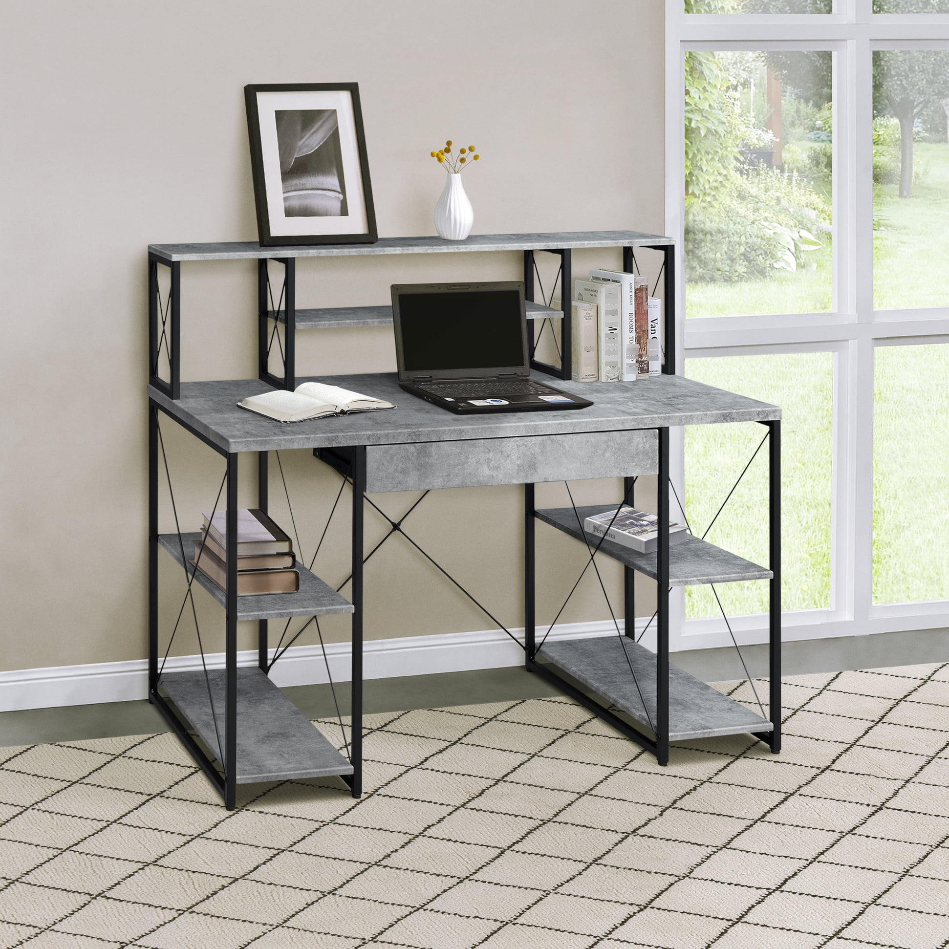Grey And Black Office Desk With Wood Metal - Stylish For Workspaces ...