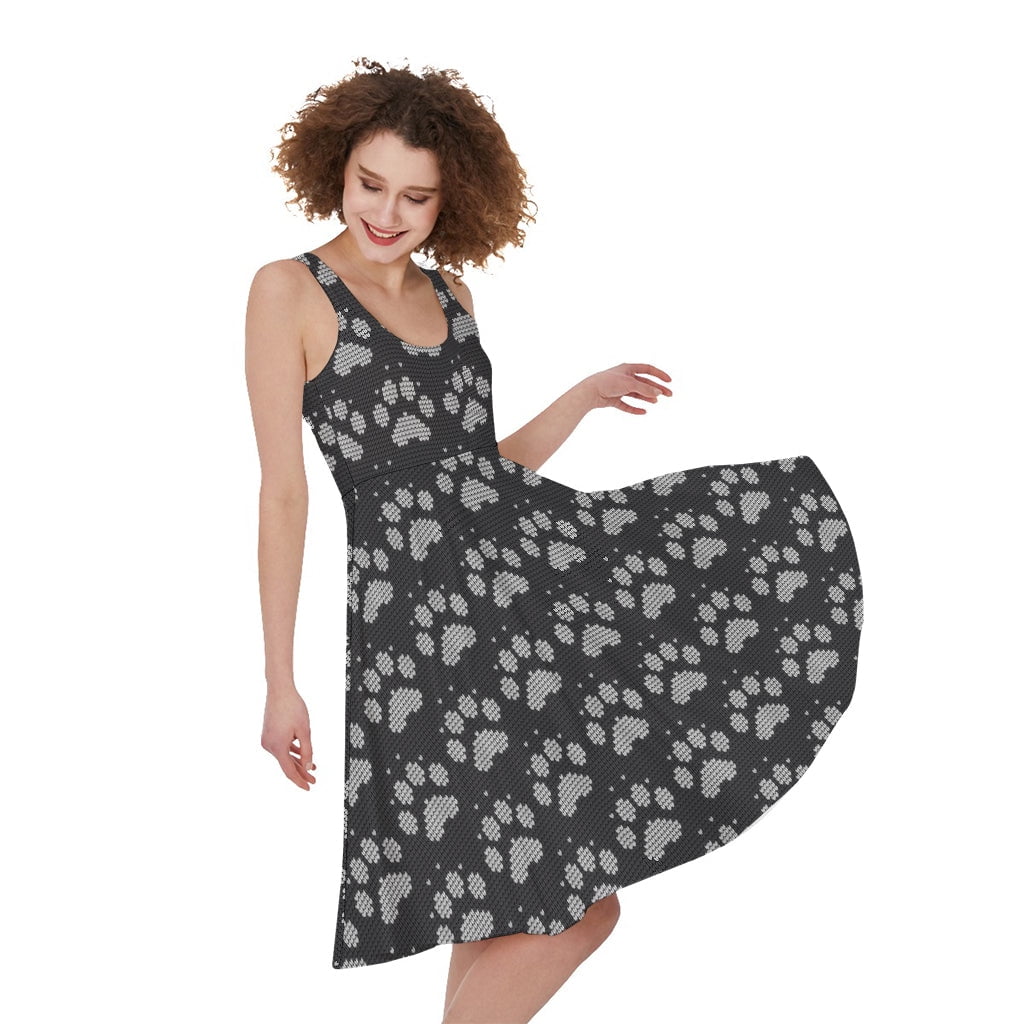 Grey And White Paw Knitted Pattern Print Sleeveless Knee Length Dress ...