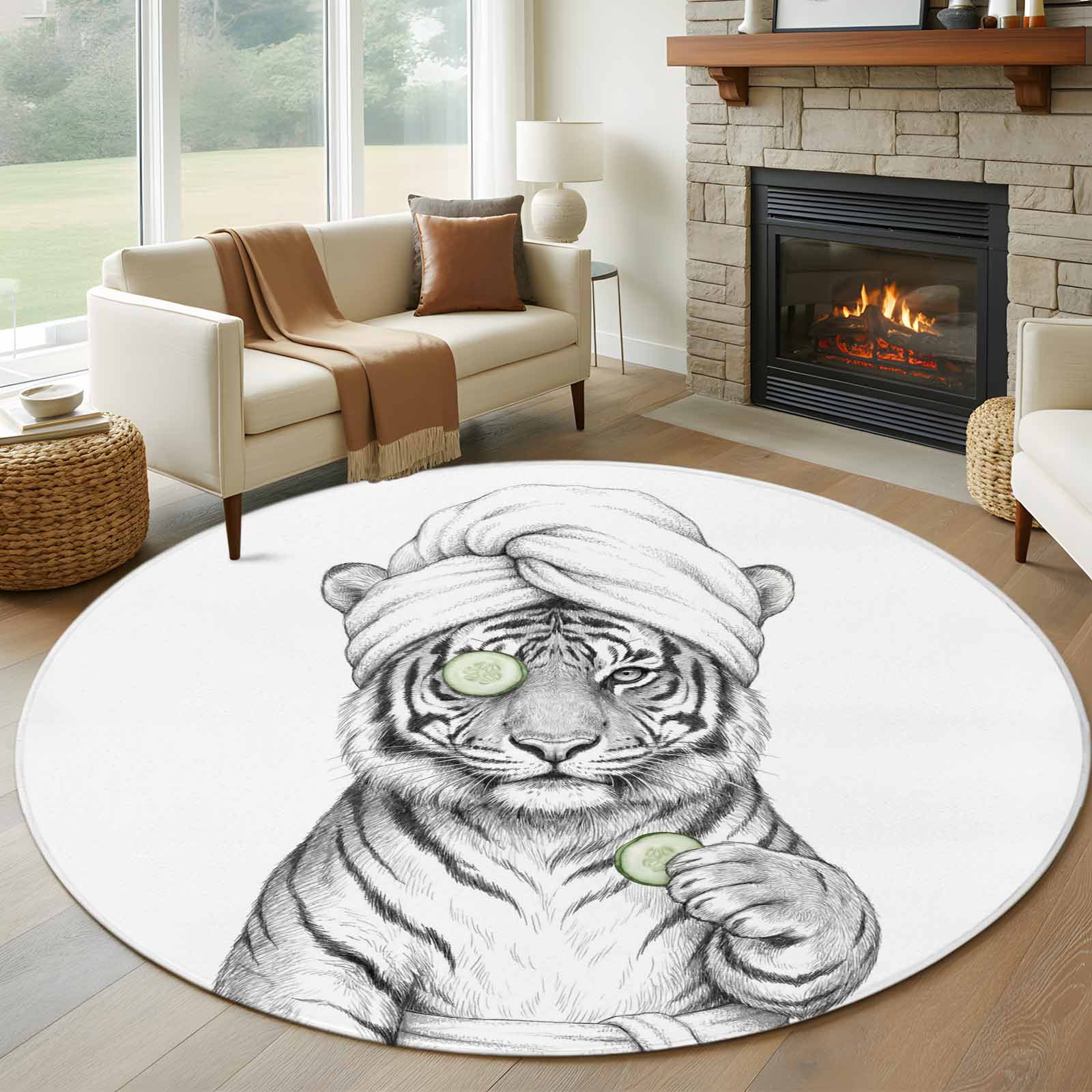 Grey Animals 5FT Round Area Rugs for Living Room Funny Tiger with Bath ...