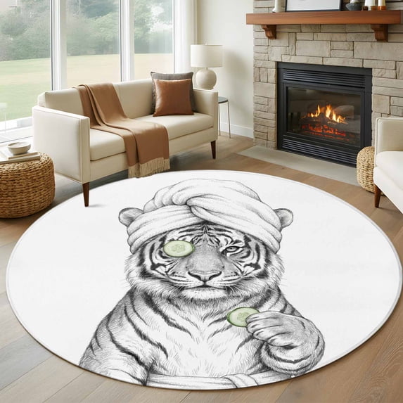 Grey Animals 5FT Round Area Rugs for Living Room Funny Tiger with Bath ...