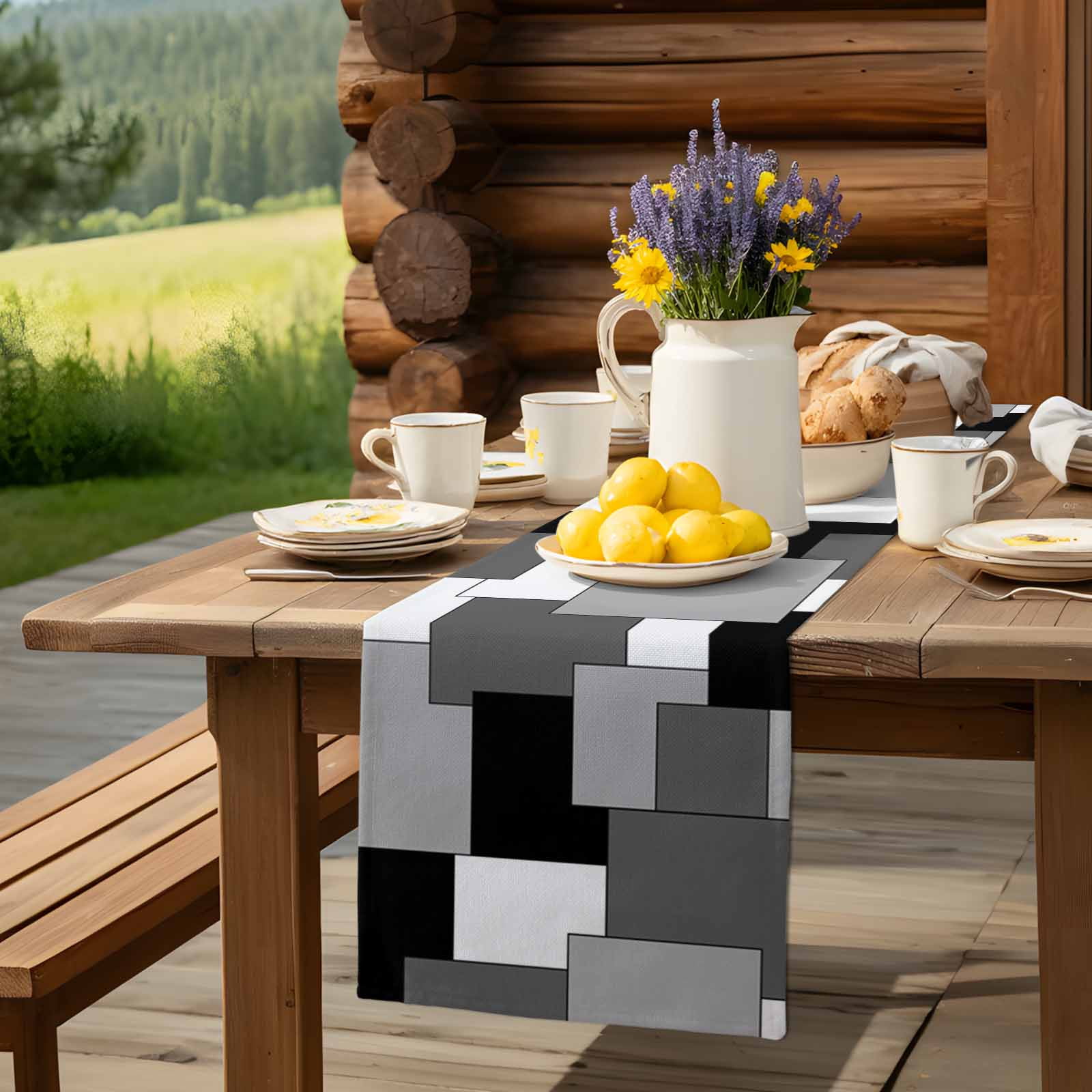 Grey Art Color Block Geometry Grid Table Runner 13x90in Non-Slip Cotton ...