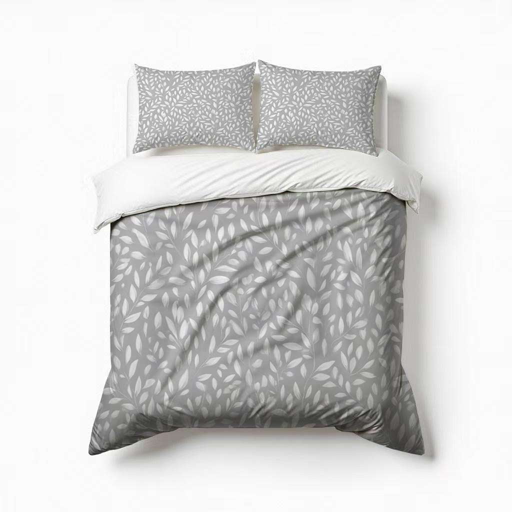 Grey Background White Leaf Pattern Bedding Set 3 Pcs Soft Microfiber ...