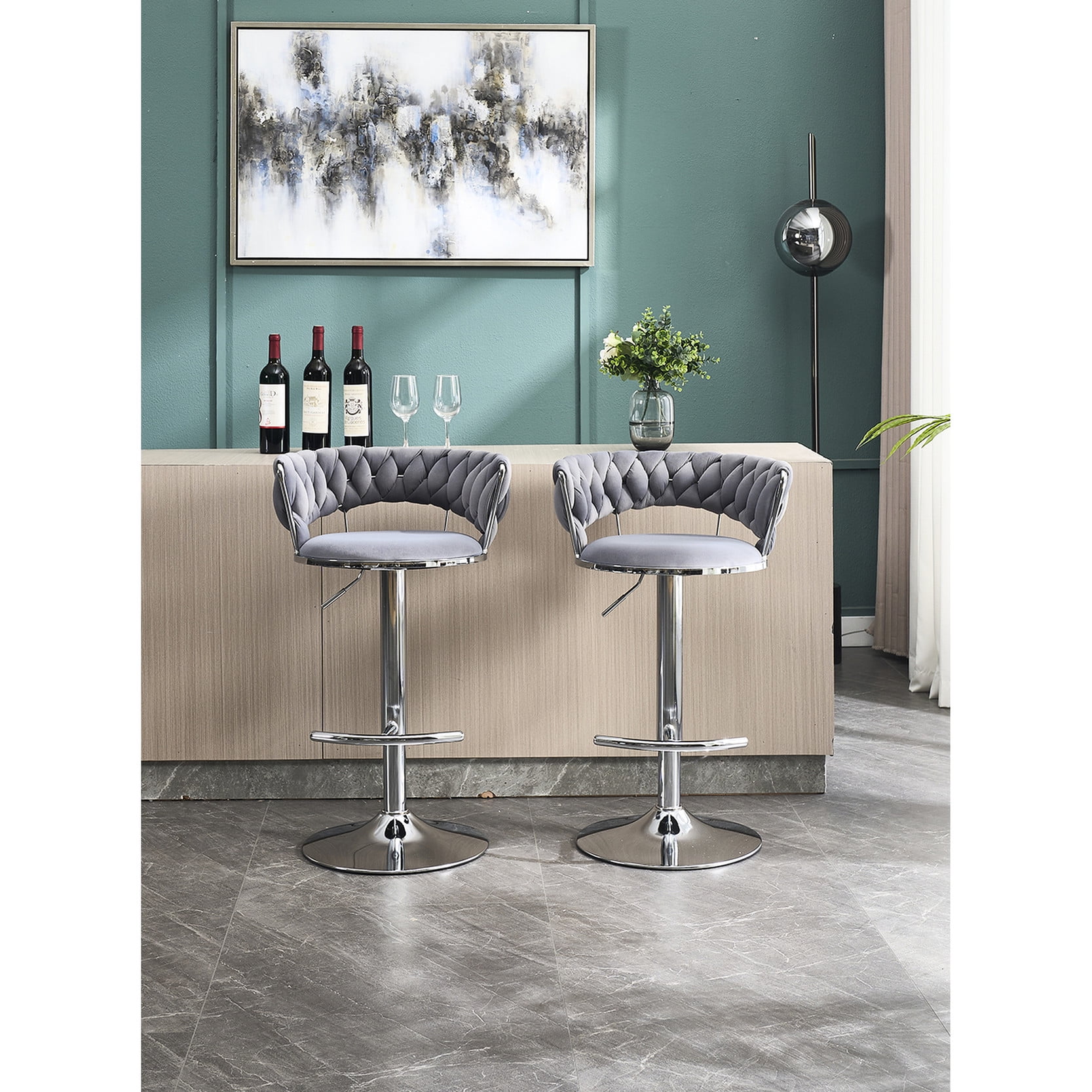 Grey Bar Stool Set of 2, Chrome Footrest, Swivel Design and Smooth ...