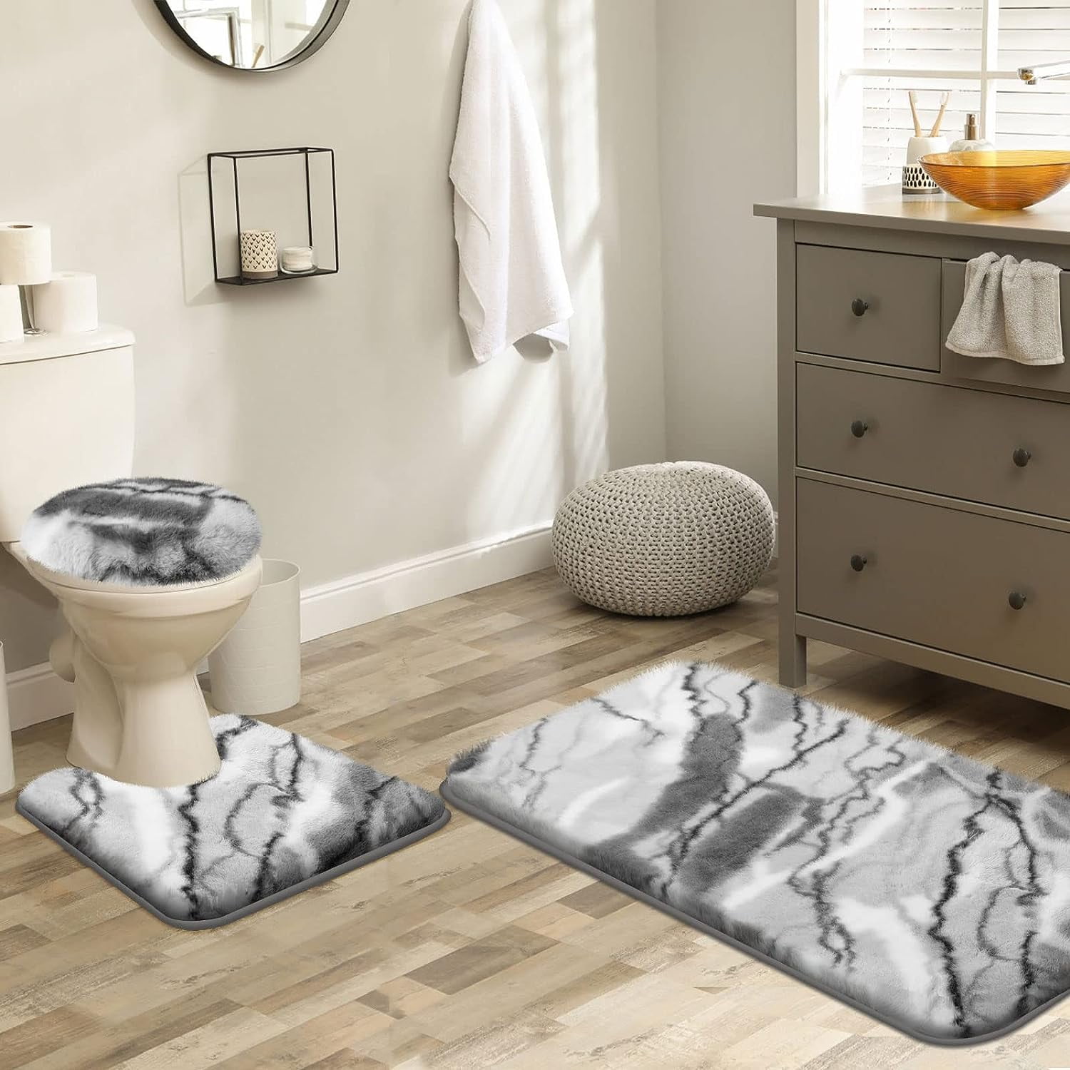 Grey Bathroom Rugs Sets 3 Piece, Faux Fur Bath Rug+Contour Mat+Toilet ...
