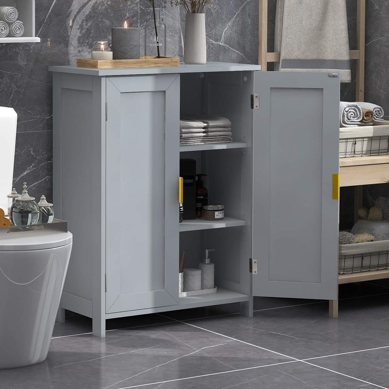 Grey Bathroom Storage Cabinet,Bathroom Cabinets Freestanding with 2 ...