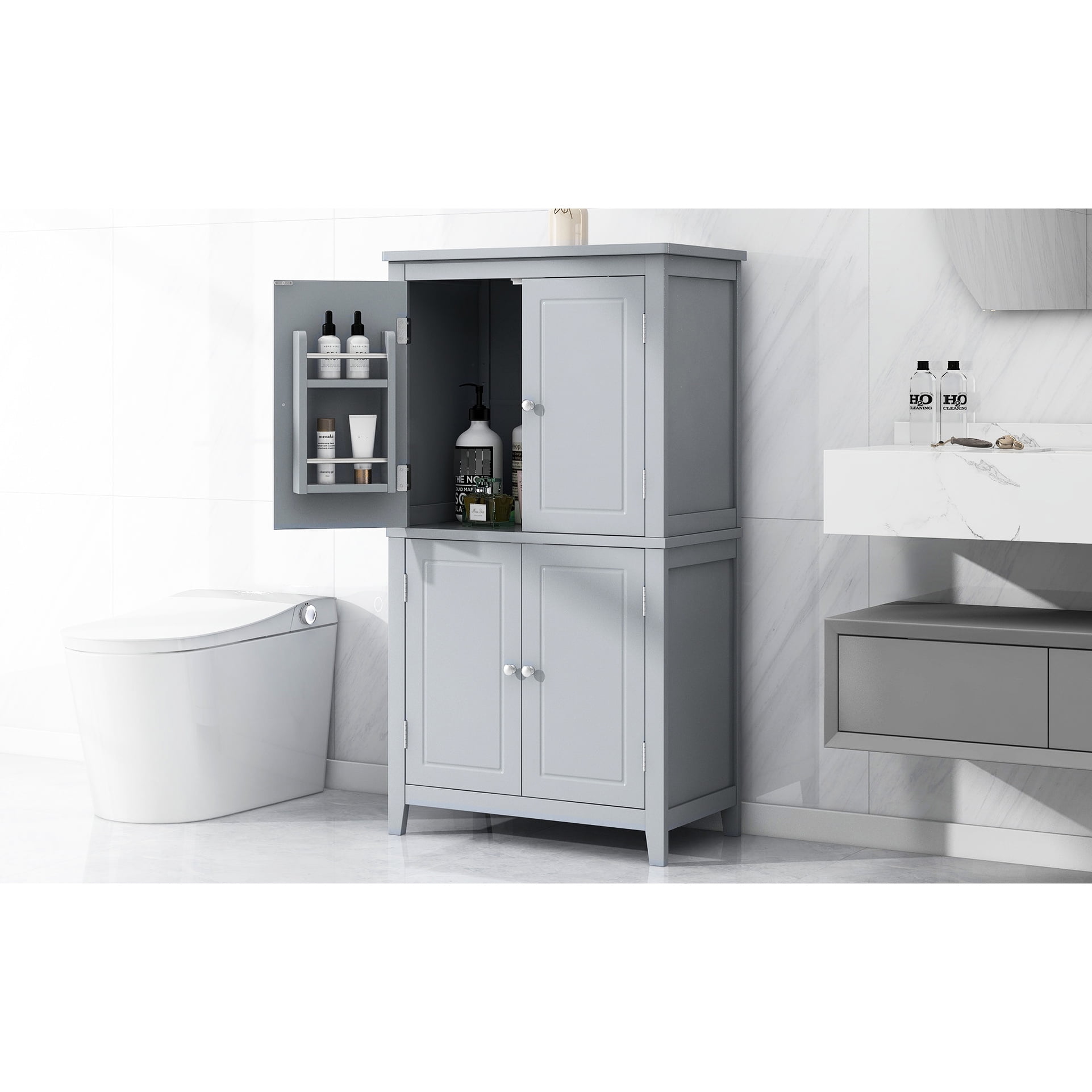 Grey Bathroom Storage Unit With 4 Doors And Adjustable Shelves, Falling ...
