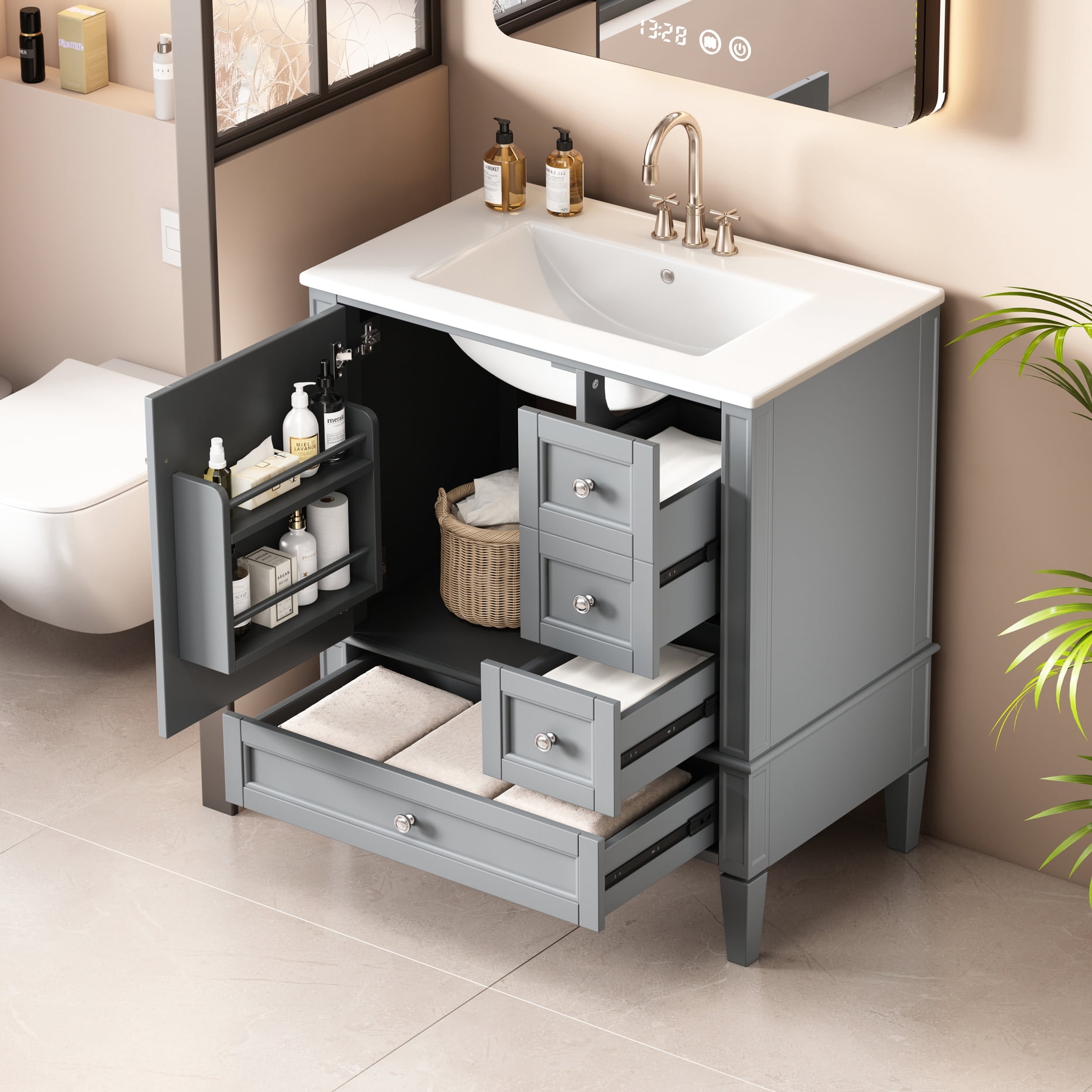 Grey Bathroom Vanity With Ceramic Sink - 30 Inch, 3 Drawers Cabinet ...