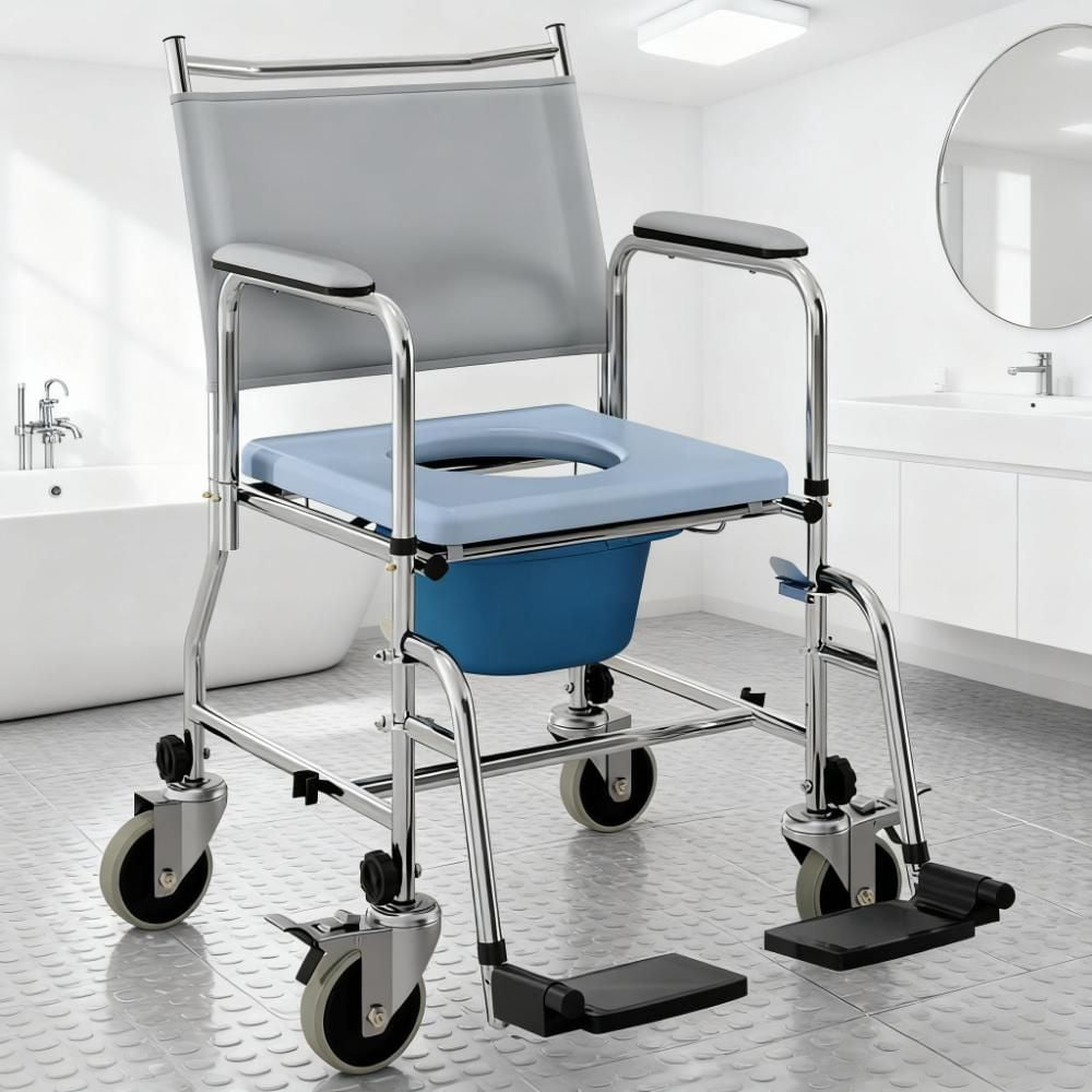 Grey Bedside Commode Shower Chair & Wheelchair with Padded Seat - 3-in ...