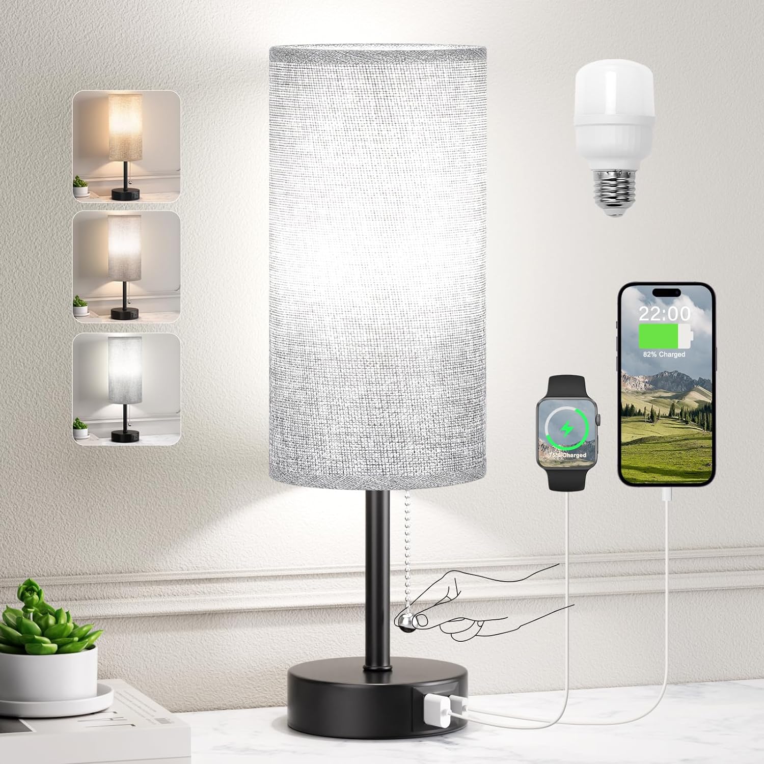 Grey Bedside Lamp for Bedroom Nightstand - Small Table Lamp with USB A ...
