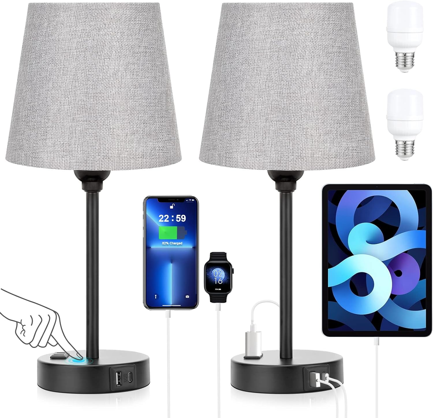 Grey Bedside Lamps for bedrooms Set of 2 - Nightstand Bedroom Lamp with ...