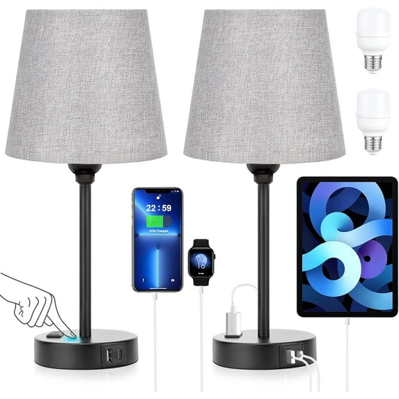 Grey Bedside Lamps for bedrooms Set of 2 - Nightstand Bedroom Lamp with ...