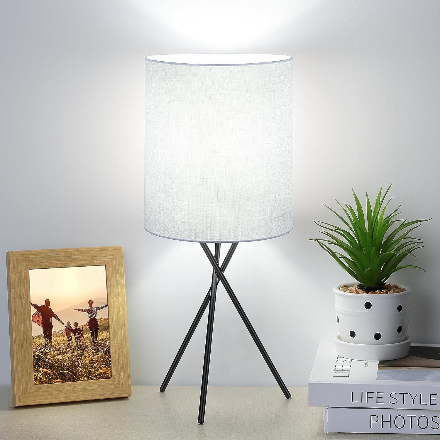 Grey Bedside Table Lamp with Black Metal Base, Nightstand Light Fixture ...