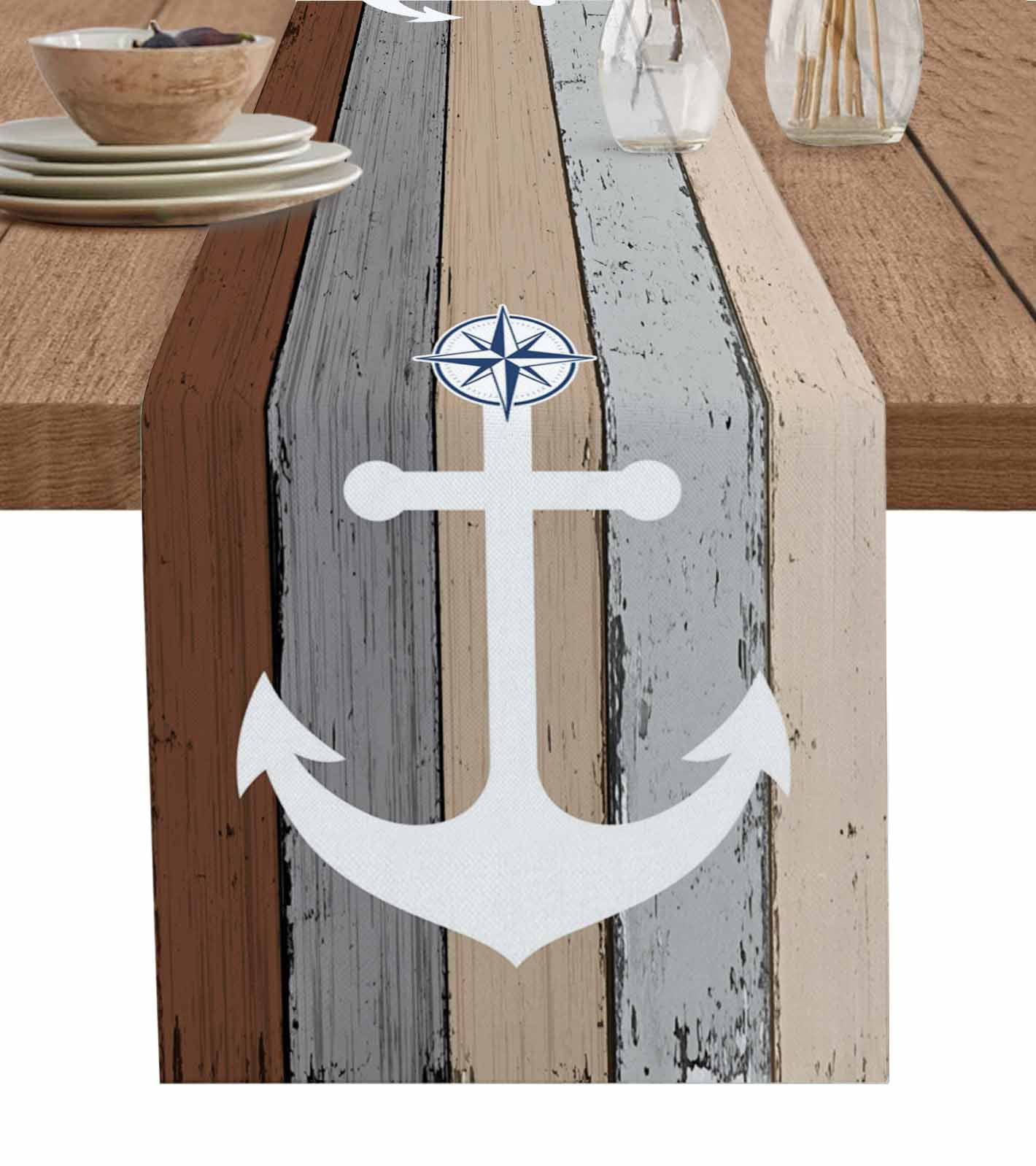 Grey Beige Anchor Coastal Table Runner 36 Inches, Nautical Vintage Art ...