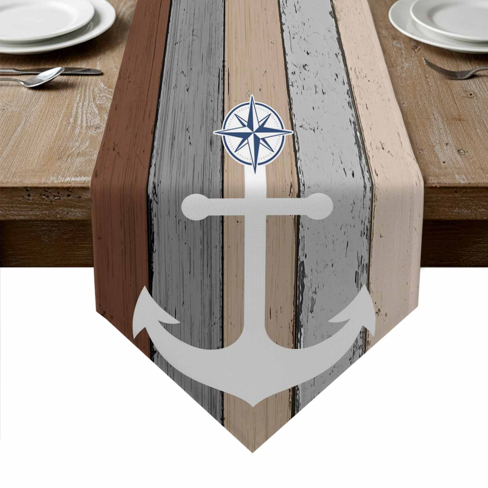 Grey Beige Anchor Coastal Table Runner Linen Burlap Table Runner 72 ...