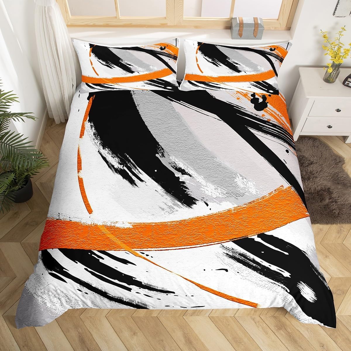 Grey Beige Flame Red Duvet Cover King Size Brush Strokes Oil Painting ...