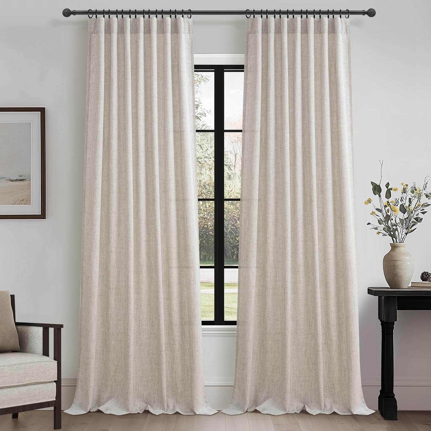 Grey Beige Linen Semi Sheer Curtains & Drapes 84 Inch Length 2 Panels ...
