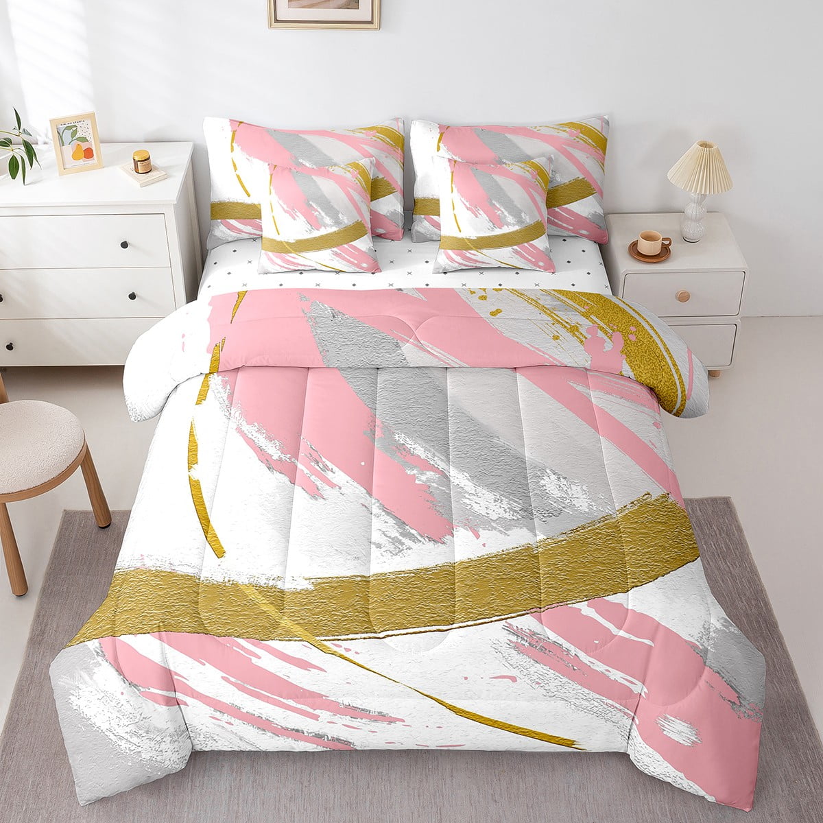 Grey Beige Pink Bedding Comforter Sets 7 Pieces Brush Strokes Oil Painting Bed in a Bag Gradient ...