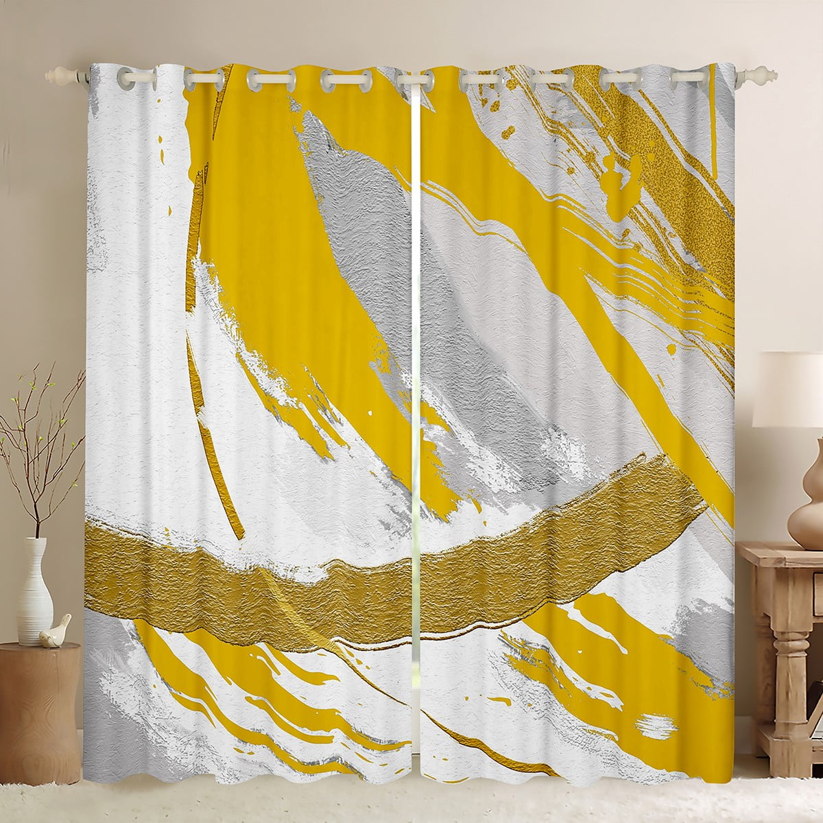 Grey Beige Yellow Blackout Curtains Brush Strokes Oil Painting Curtains ...