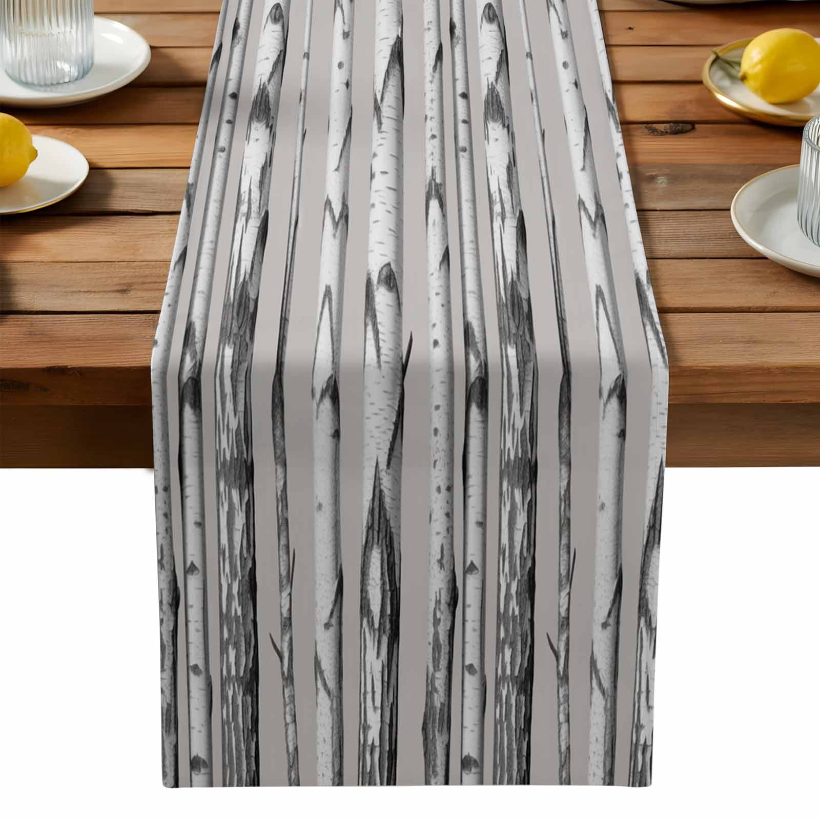 Grey Birch Tree Table Runner, Retro Abstract Art Geometric Gary Wood ...