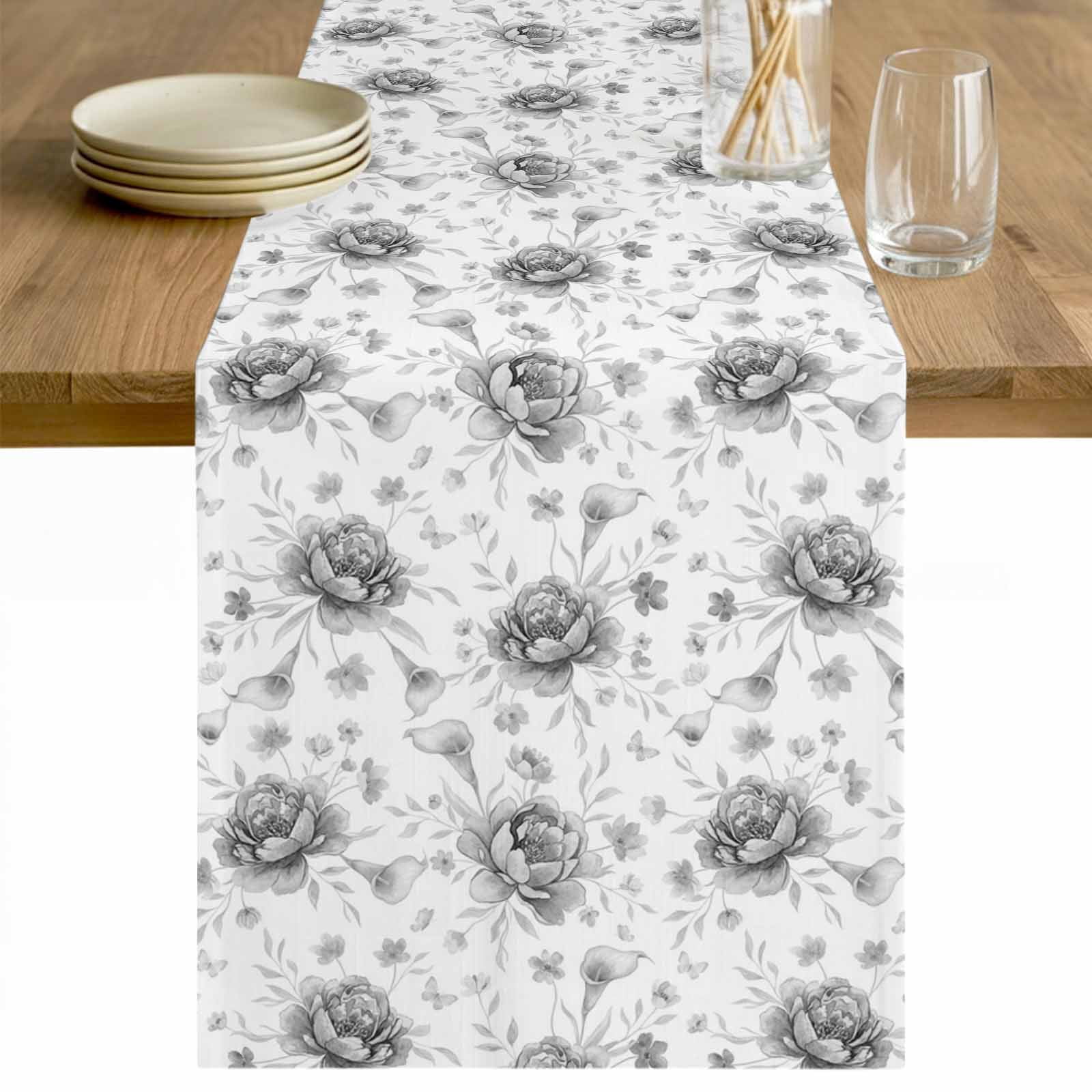Grey Black Flower Table Runner - 120 Inch Long Spring Watercolor Floral ...