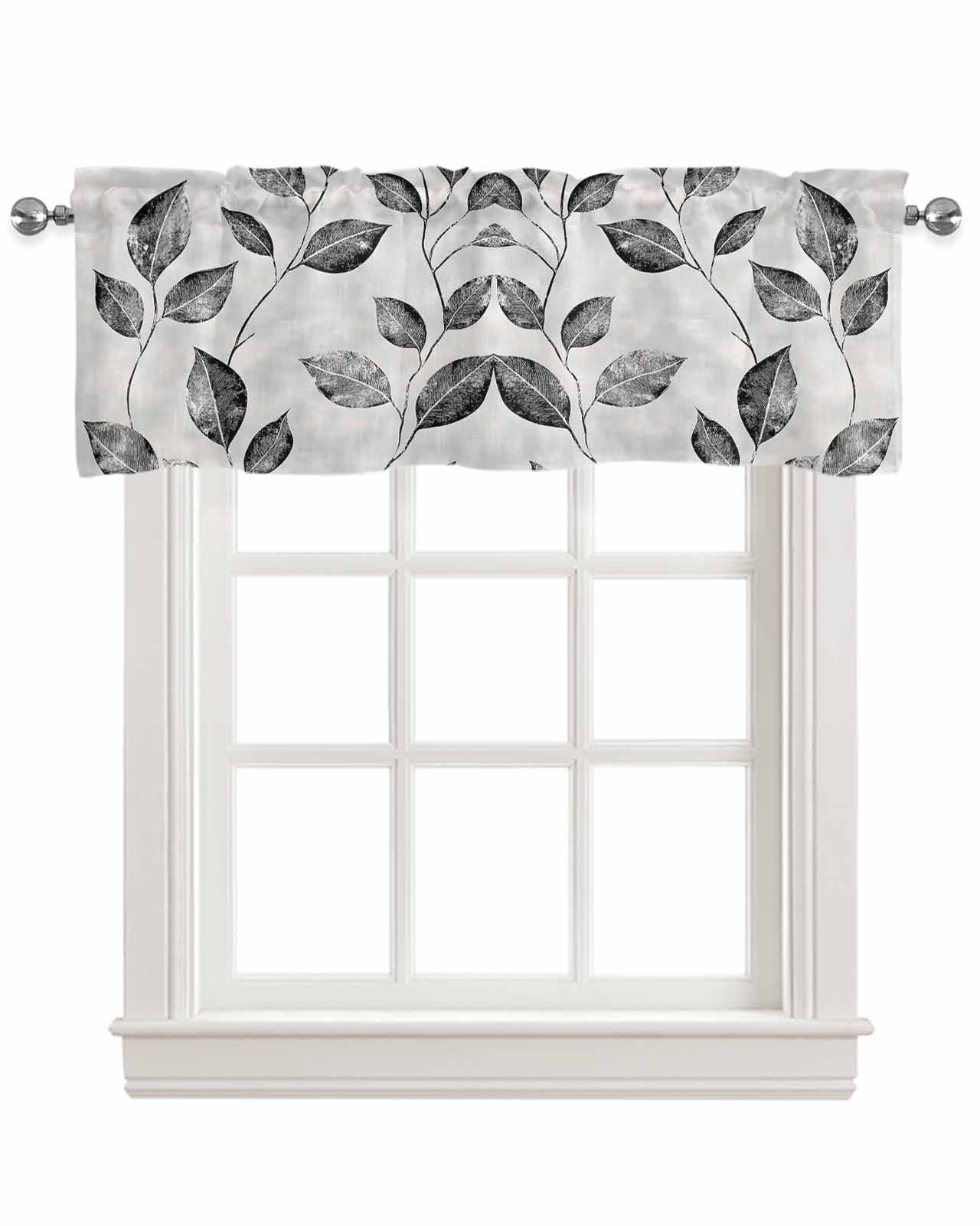 Grey Black Leaves Kitchen Valances for Windows Farmhouse Linen Window ...