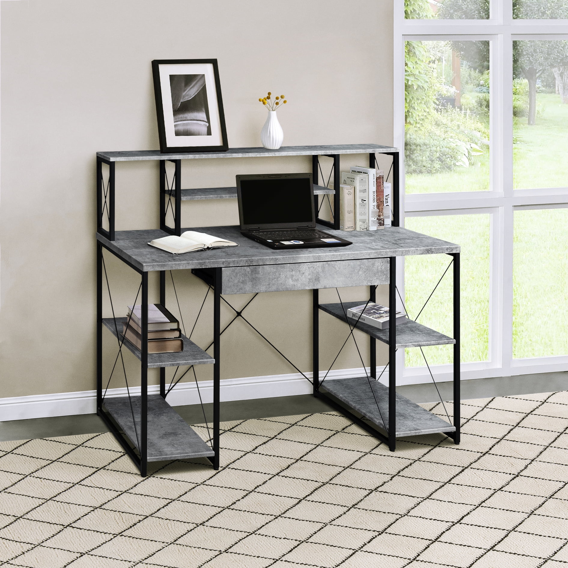 Grey and Black Office Desk with Hutch | Ideal for Organizing Studio ...
