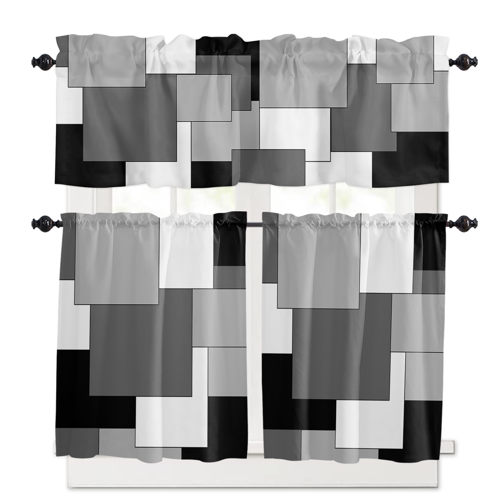 Grey Black White Abstract Kitchen Curtains and Valances Set, 3 Piece ...