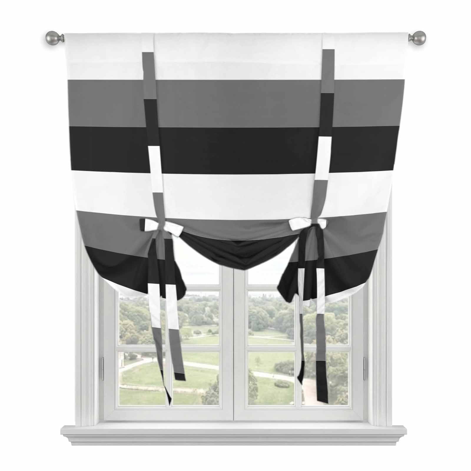 Grey Black White Striped Tie Up Curtains for Windows, Adjustable Rod ...