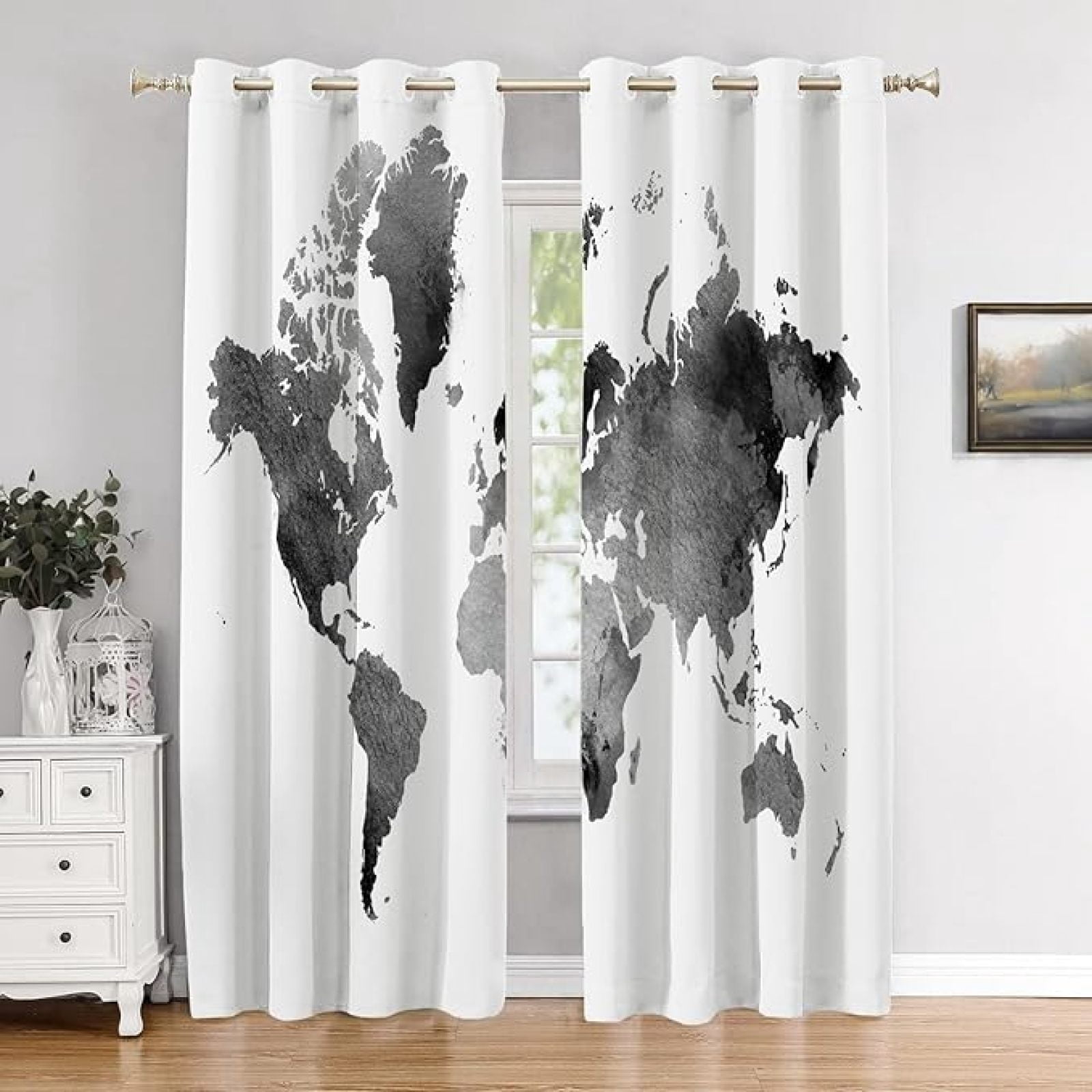Grey And Black World Map Bedroom Curtains, Geography Black And White ...