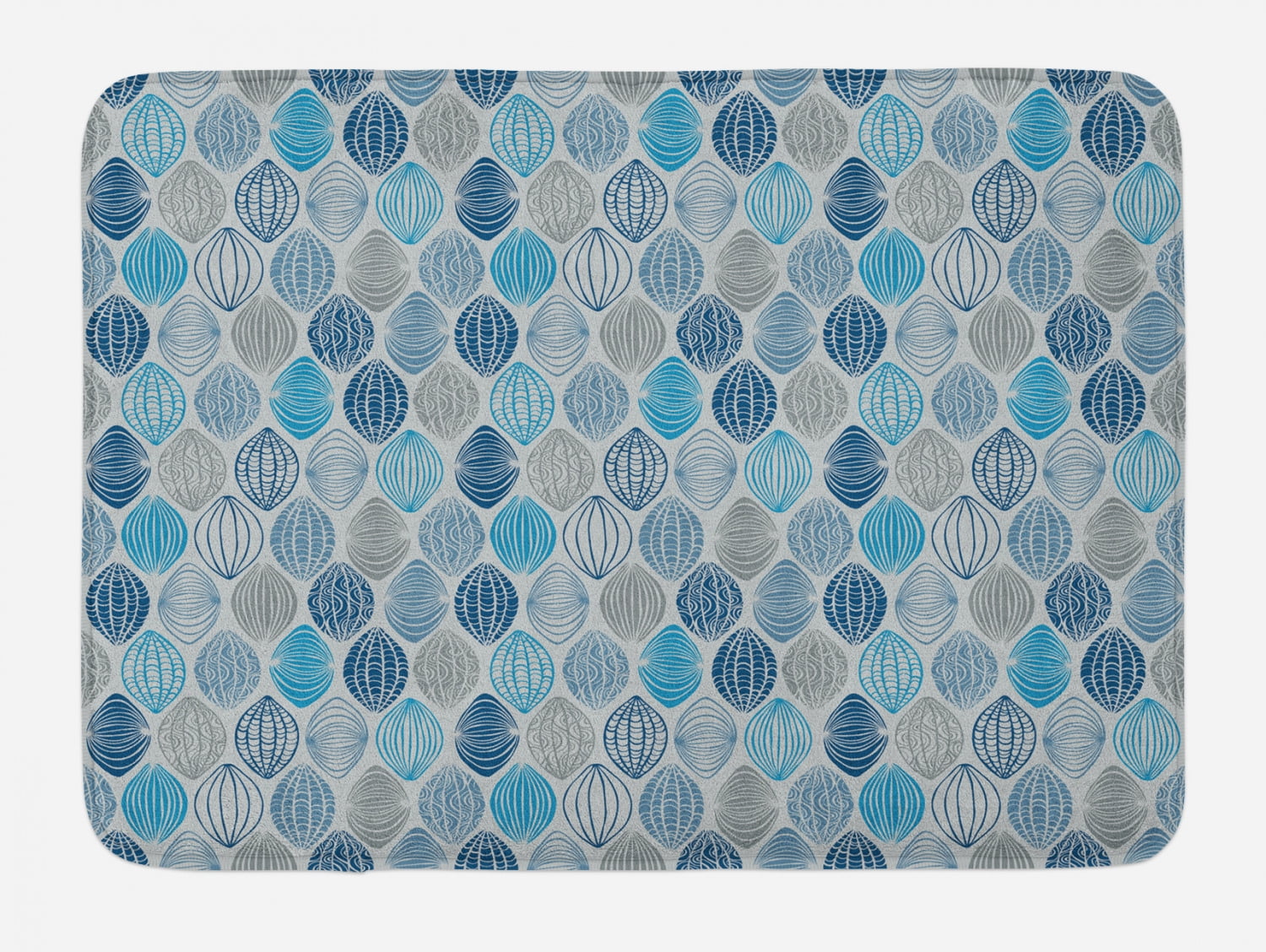 Grey Blue Bath Mat, Ethnic Round Shapes with Swirls Scale and Stripes ...
