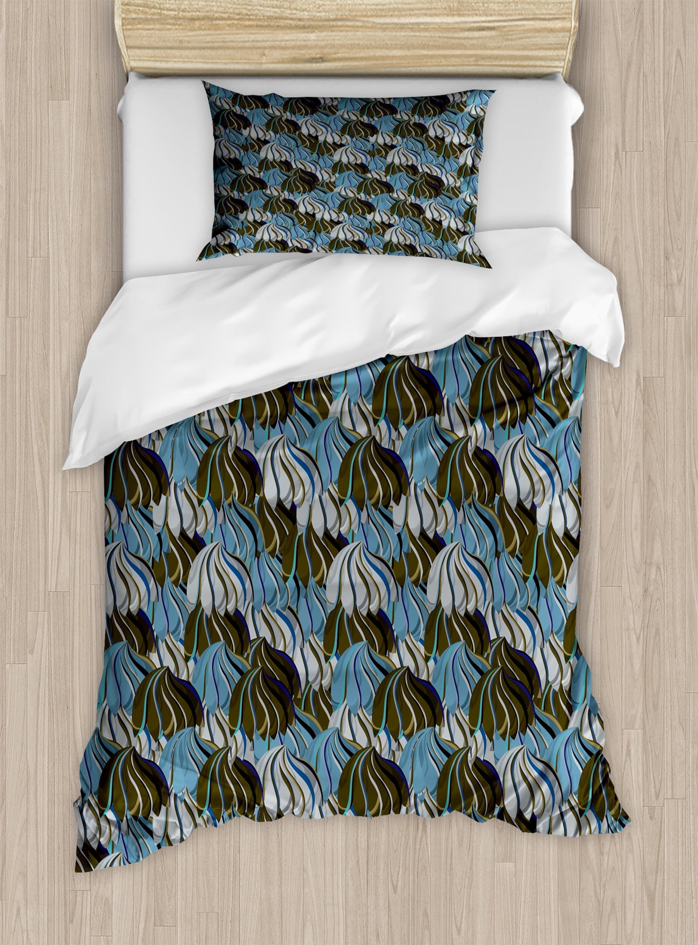 Grey and Blue Duvet Cover Set, Ornamental Petal Seaweed Shell Like ...
