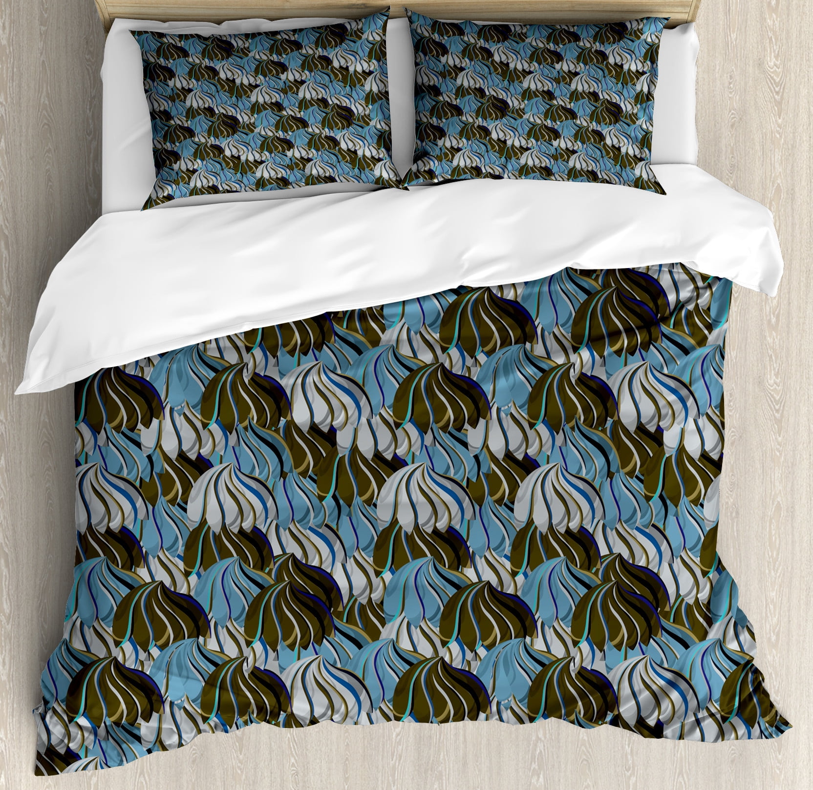 Grey and Blue Duvet Cover Set, Ornamental Petal Seaweed Shell Like ...